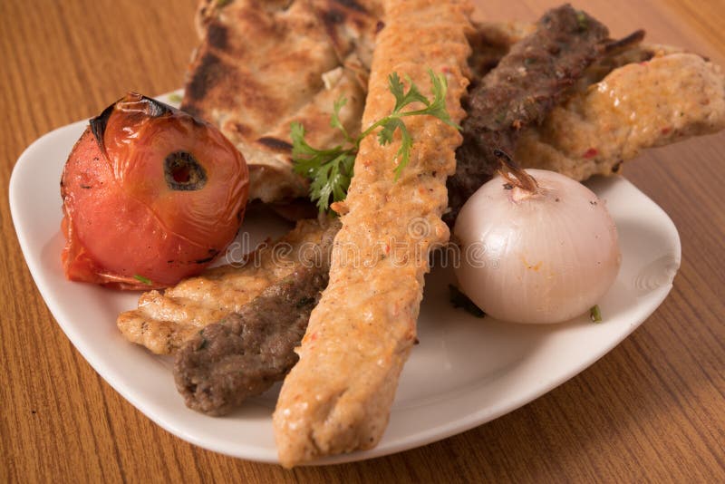 Chicken, Mutton ,beef Kebab with Roti in a White Plate. Stock Photo ...