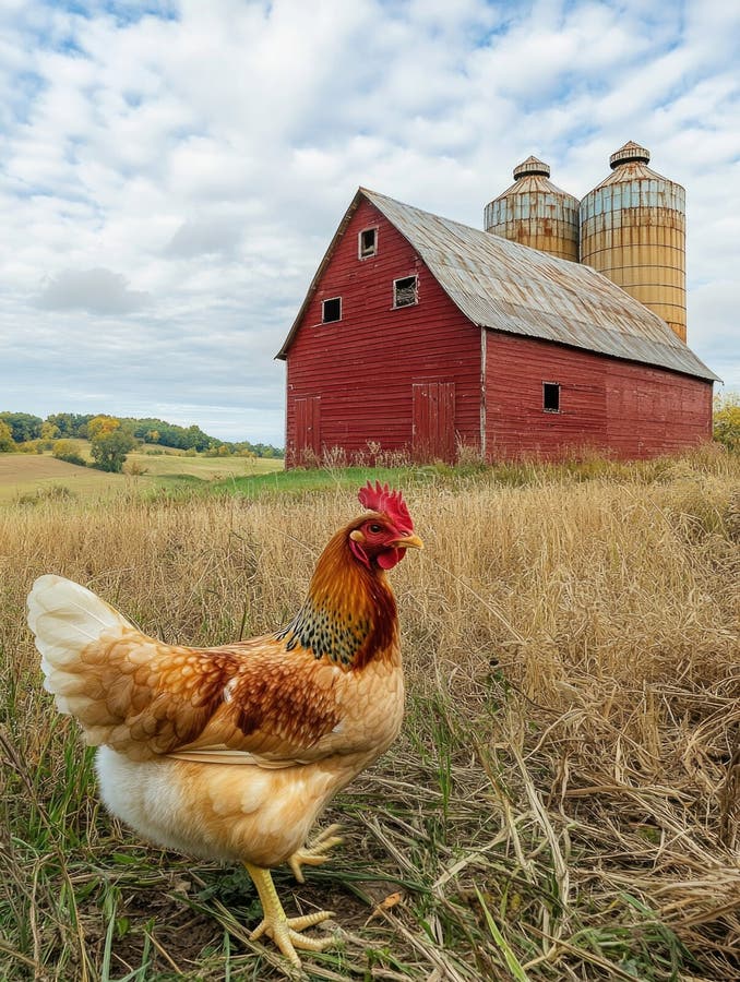 Chicken near red barn stock image. Image of wildlife - 373284477