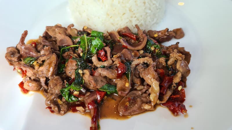 Chicken Organs with Basil Paste on Rice Stock Image - Image of meal ...