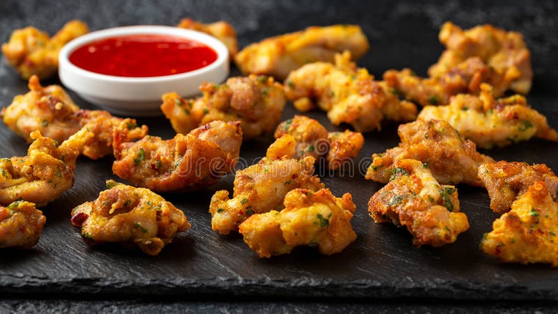 Chicken Pakora Dish with Sweet Chilli Sauce on Rustic Stone Board Stock ...
