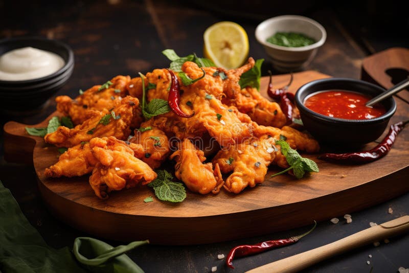 Chicken Pakora Dish with Sweet Chilli Sauce on Rustic Stone Board Stock ...