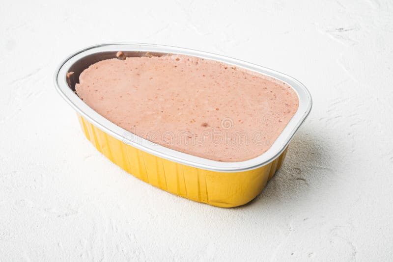 Chicken Pate in Can, on White Stone Table Background Stock Photo ...