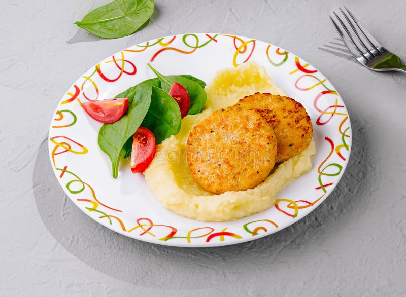 Chicken Patties with Mashed Potatoes on Plate Stock Photo - Image of ...