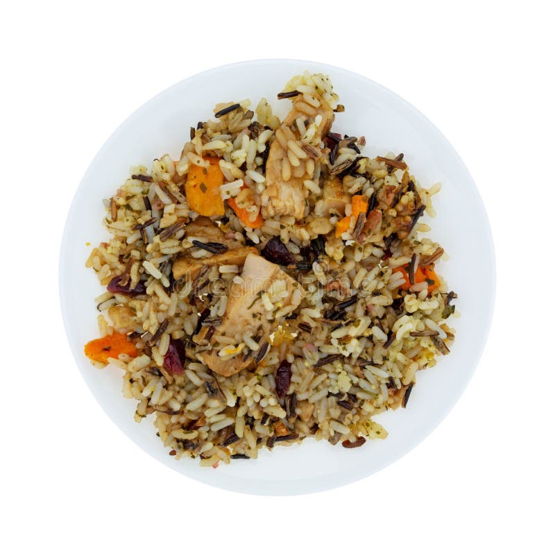 Chicken with Pecans and Wild Rice on a Plate Isolated on a White ...