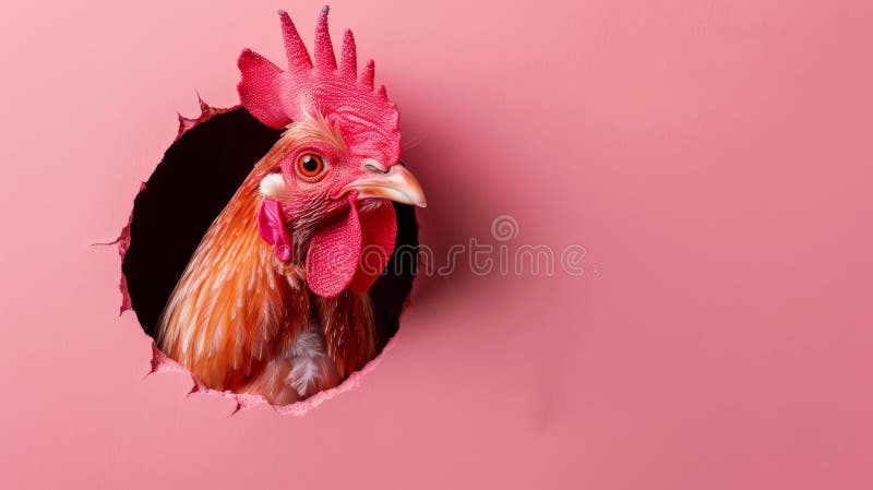 Chicken Peeking through a Hole in Pink Background, Vibrant Studio Shot ...