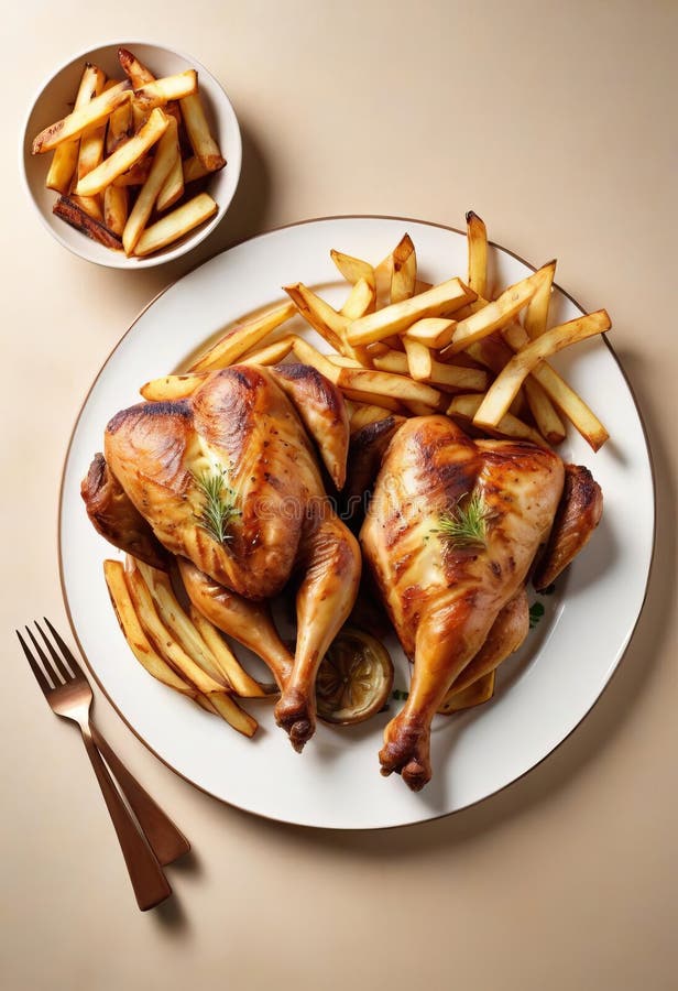 Chicken Pieces Grilled and Server with Potato Fries Stock Illustration ...