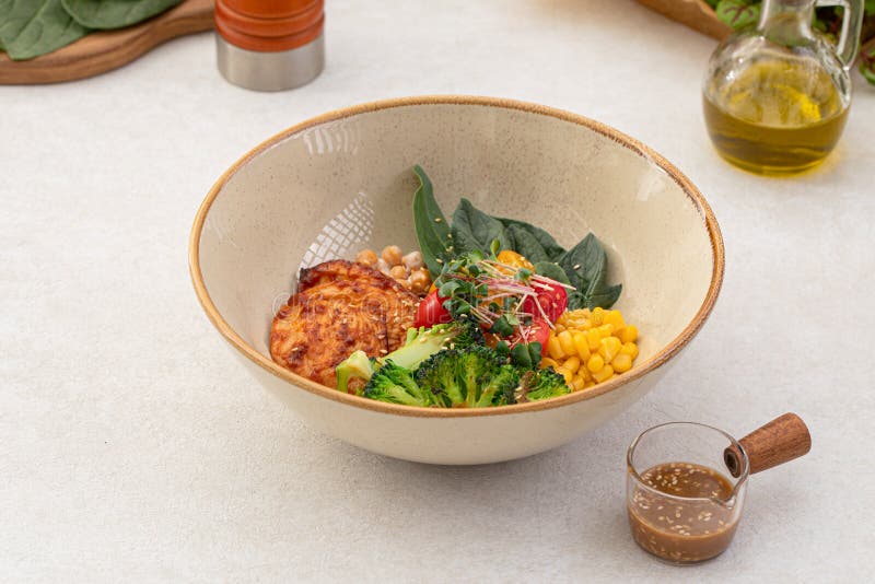 Chicken Poke Bowl with Vegetables and Corn Stock Photo - Image of salad ...