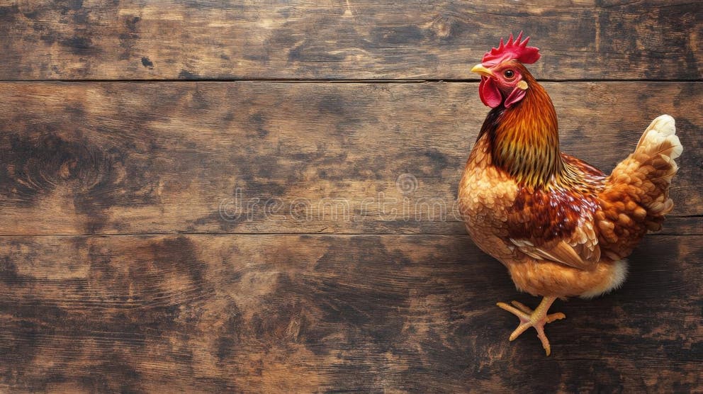 Chicken Poses on Wood Table, Farm Animals on Display with Rustic Theme ...