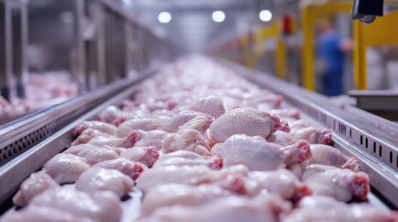 Chicken Processing Line with Raw Poultry on Conveyor Belt in Industrial ...