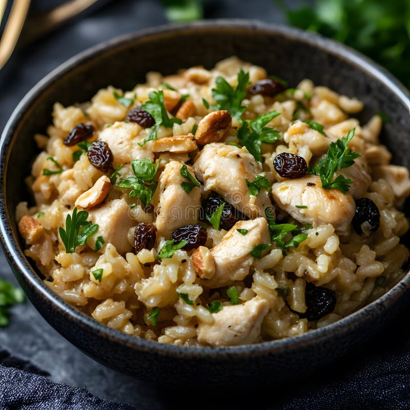 Chicken and Rice Dish with Raisins Nuts and Parsley Stock Illustration ...