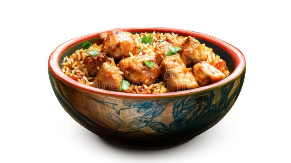 Chicken and Rice Dish in a Rustic Brown Bowl Stock Illustration ...