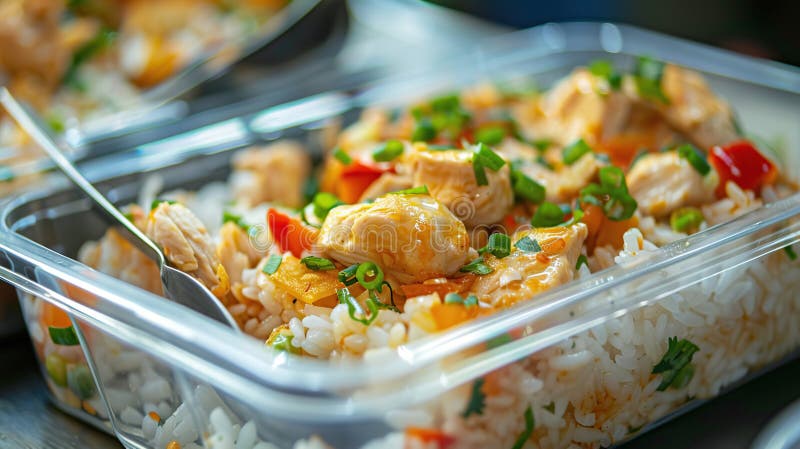 Chicken Rice Food in Plastic Box with Spoon. Generative Ai Stock ...