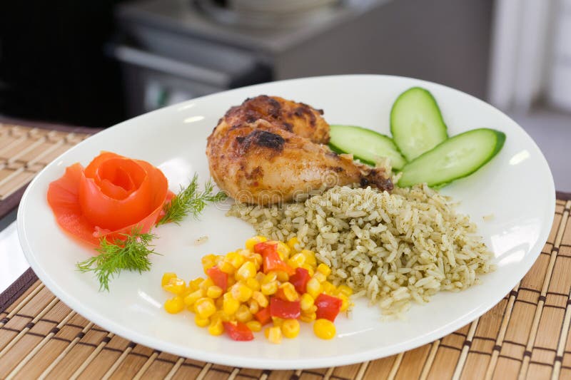 Chicken with Rice on White Plate Stock Photo - Image of white, food ...