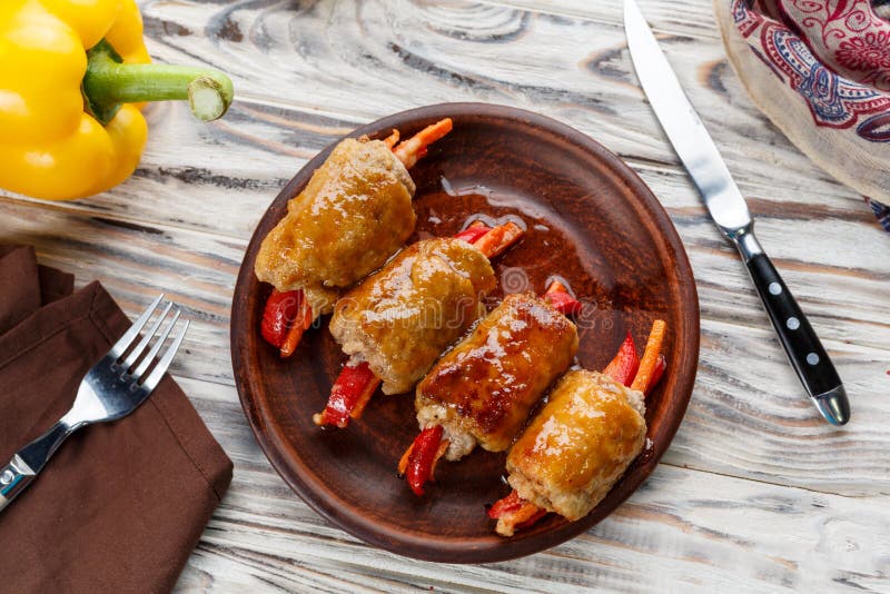 Chicken Roll Stuffed Pepper Stock Photo - Image of appetizer, bacon ...
