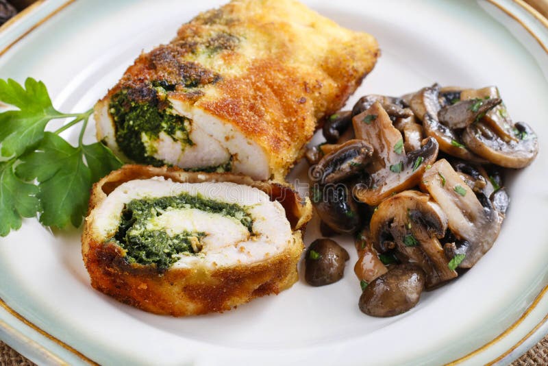 Chicken Roll Stuffed with Spinach and Roasted Mushroom Stock Image ...