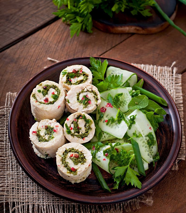Chicken Rolls with Greens and Fresh Vegetable Salad Stock Image - Image ...