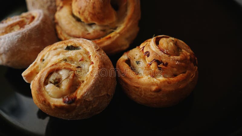 Chicken Rolls from Puff Pastry on Black Plate Stock Image - Image of ...