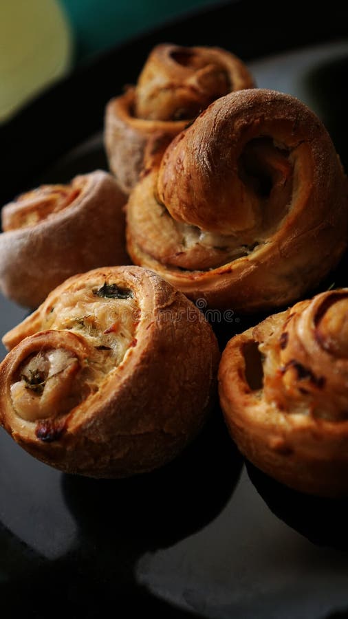 Chicken Rolls from Puff Pastry on a Black Plate Stock Photo - Image of ...