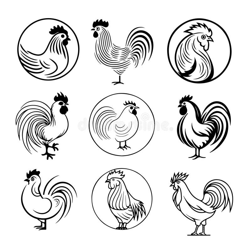 Chicken Rooster Logo Set Sketch Hand Drawn Vector Illustration Stock ...