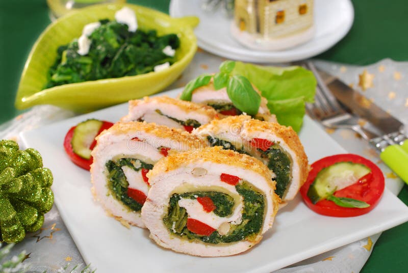 Chicken Roulade with Spinach for Christmas Stock Image - Image of ...