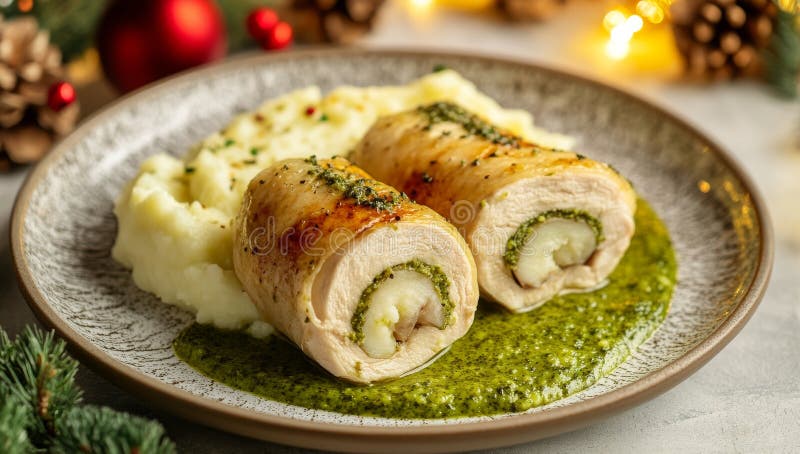 Chicken Roulade with Spinach Stuffing, Mashed Potatoes, and Herb Sauce ...