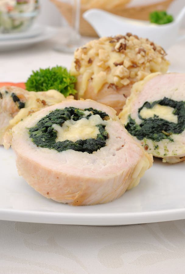 Chicken Roulade Stuffed with Spinach and Cheese Stock Image - Image of ...