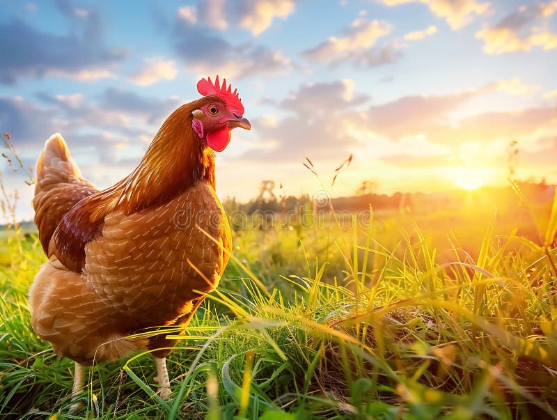 Chicken on Rural Green Grass at Sunset Stock Illustration ...