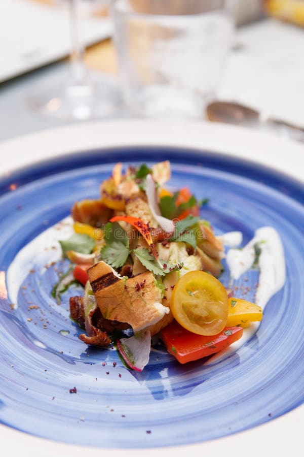 Chicken Salad on Blue Plate Stock Photo - Image of fine, savory: 89216654