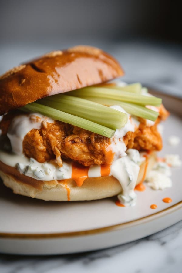 A Chicken Sandwich with Celery and Ranch Dressing on a Plate ...