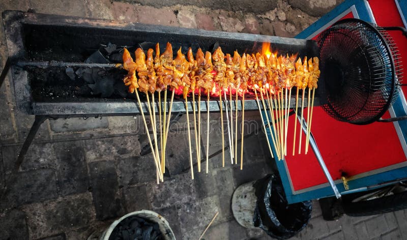 Chicken Satay Being Grilled on the Grill Stock Photo - Image of satay ...