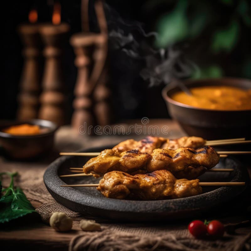 Chicken Satay on Stone in Rustic Pub. Generative AI Stock Illustration ...