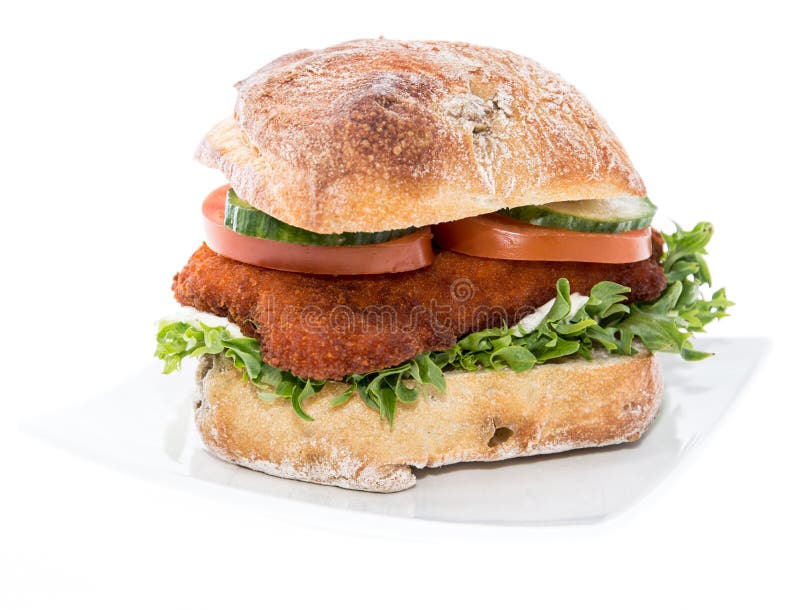 Chicken Schnitzel on a Roll (on White) Stock Photo - Image of cutlet ...