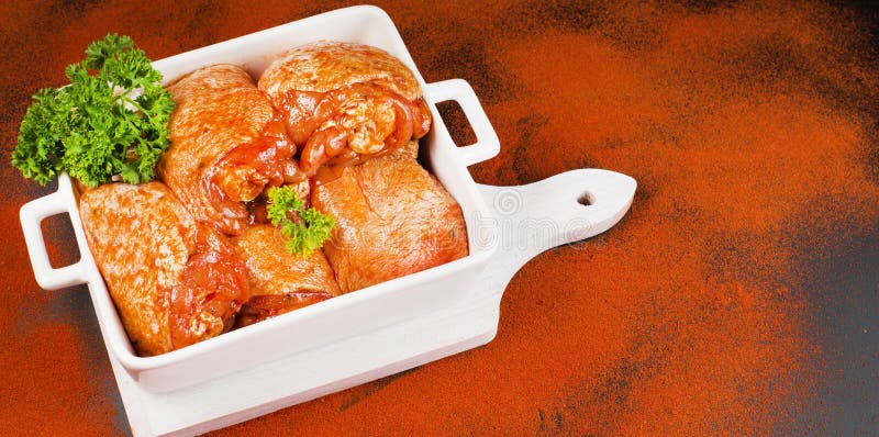 Chicken Semi-cooked Thighs. Raw Chicken Thighs Marinated in Red Sauce ...