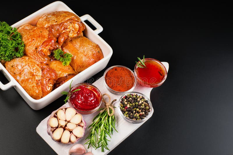 Chicken Semi-cooked Thighs. Raw Chicken Thighs Marinated in Red Sauce ...