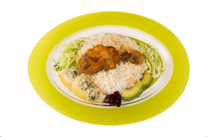 Chicken Served with White Rice Potato on a Plate Stock Photo - Image of ...