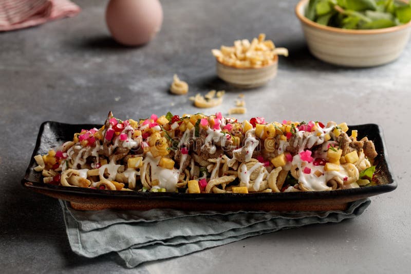 Chicken Shawarma Nachos Served in Dish Isolated on Table Top View of ...