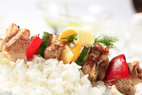 Chicken Shish Kebab with Rice Stock Image - Image of plate, pepper ...