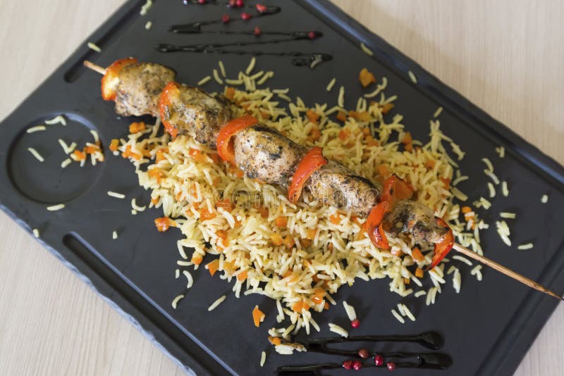 Chicken Shish Kebab and Rice with Vegetables Stock Image - Image of ...