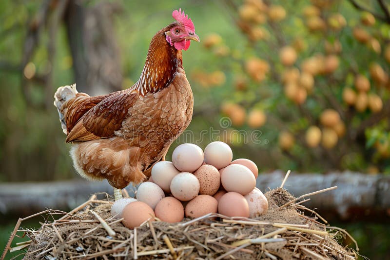 Chicken Sitting on the Heap of Eggs on the Farm with Copy Space Stock ...