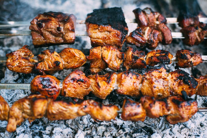 Chicken Skewers on Skewers on Fire. Cooking Meat Outdoors in the Open ...