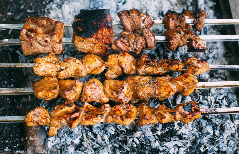 Chicken Skewers on Skewers on Fire. Cooking Meat Outdoors in the Open ...