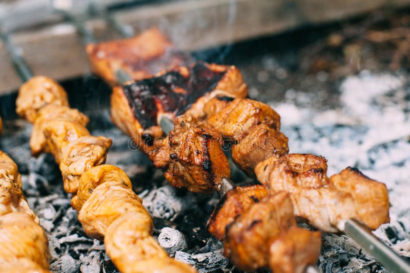 Chicken Skewers on Skewers on Fire. Cooking Meat Outdoors in the Open ...