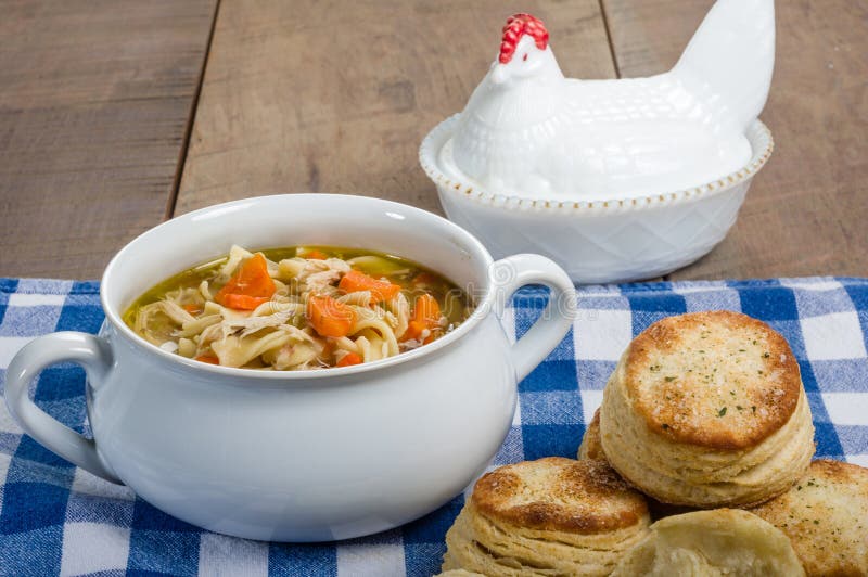 Chicken Soup and Biscuits on Table Stock Photo - Image of flaky, meat ...