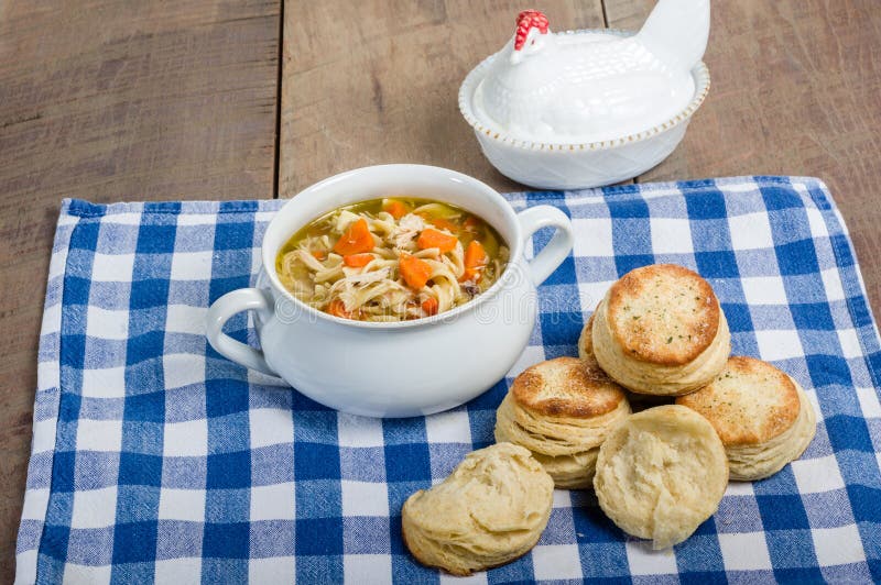 Chicken Soup and Biscuits on Table Stock Image - Image of homemade ...