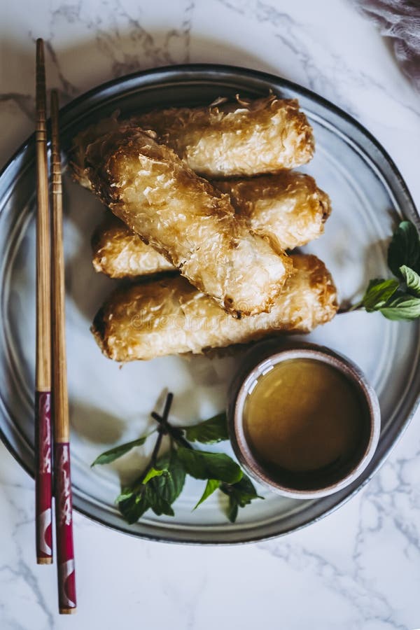 Chicken Spring Rolls with Spicy Sauce and Salad Leaves and Mint Stock ...
