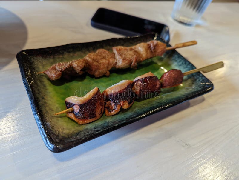 Chicken and Squid on Skewers Appetizer Lunch Stock Image - Image of ...
