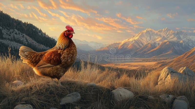 Chicken Standing on Grassy Hill at Sunset with Majestic Mountains in ...