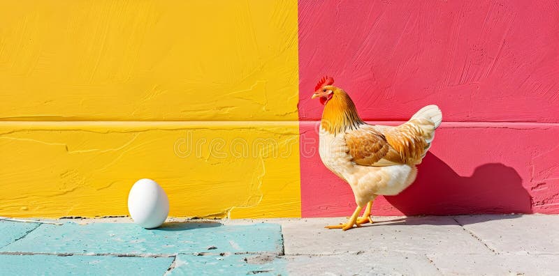 A Chicken Stands beside an Egg Against a Colorful Wall Backdrop Stock ...