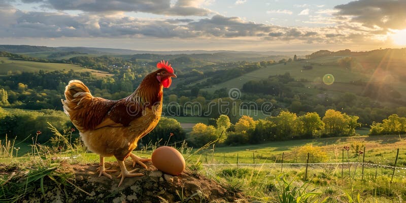 A Chicken Stands beside an Egg on a Hillside during Sunrise, Showcasing ...