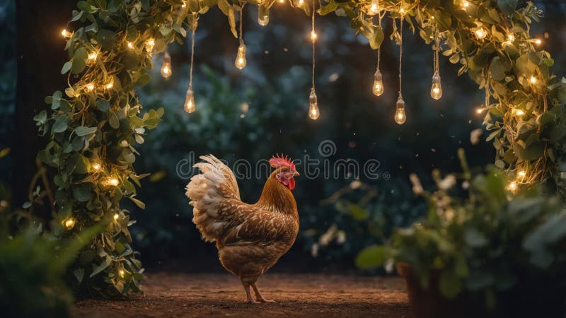 Golden Rooster Under Fairy Lights at Night Stock Illustration ...